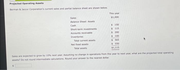 Solved Projected Operating Assets Berman \& Joccor | Chegg.com