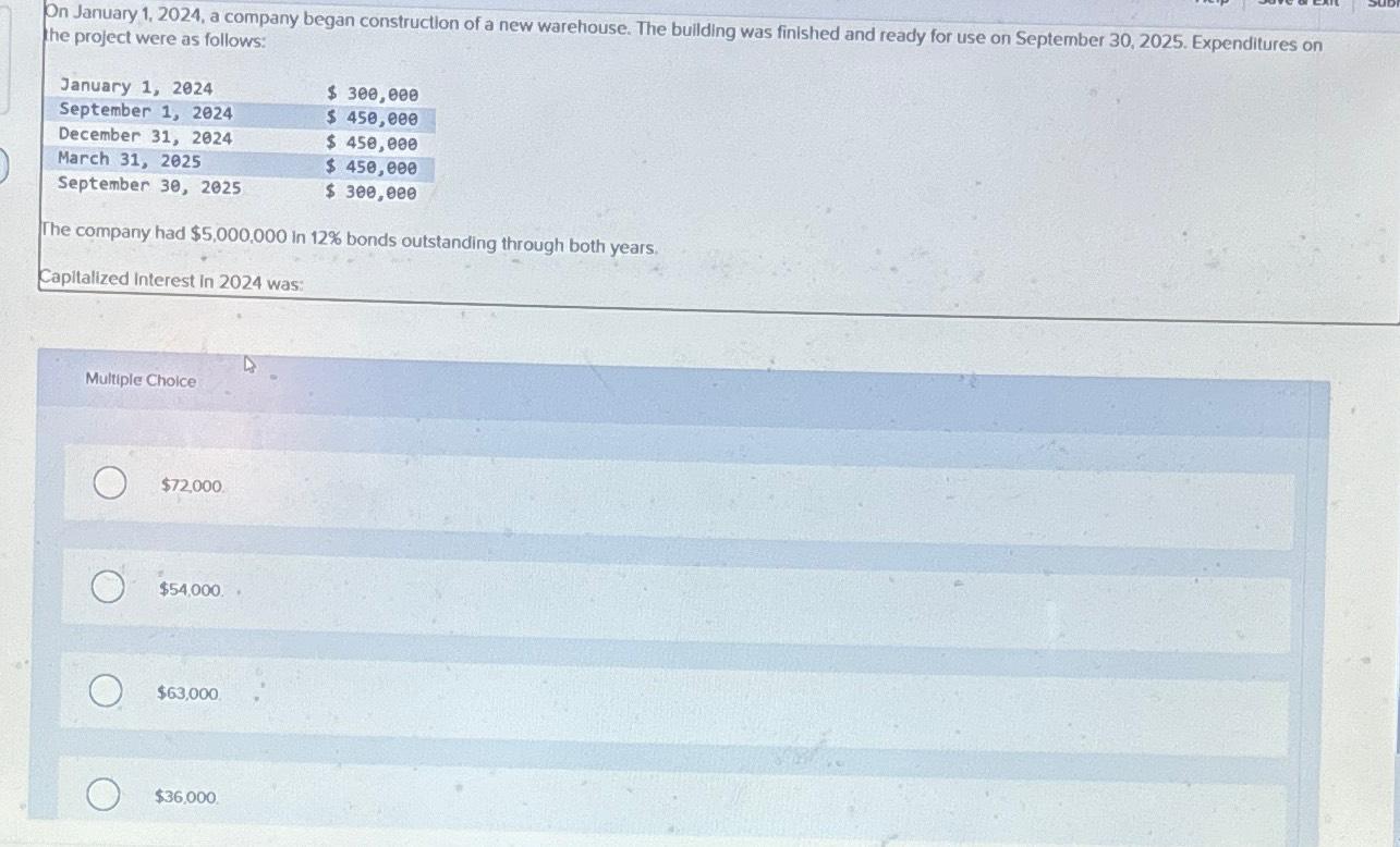 Solved On January 1, 2024, ﻿a company began construction of | Chegg.com