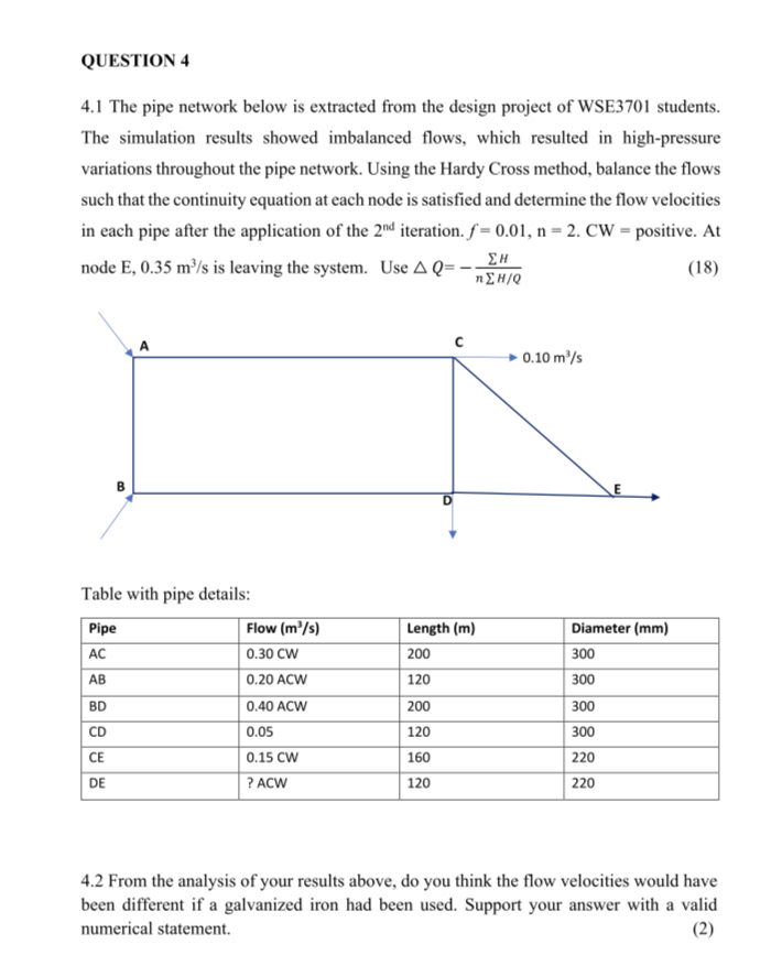 Solved QUESTION 44.1 ﻿The pipe network below is extracted | Chegg.com