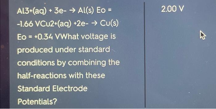 Solved Al3+(aq) + 3e- → Al(s) Eo = -1.66 VCu2+(aq) +2e- → | Chegg.com