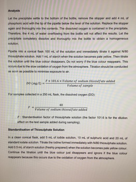 Solved Experiment 2: Determination of Biological Oxygen | Chegg.com