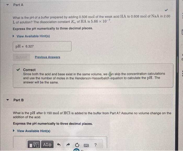 Solved What is the pH of a buffer prepared by adding 0.506 | Chegg.com