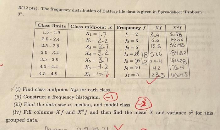 Solved 3(12pts). The frequency distribution of Battery life | Chegg.com