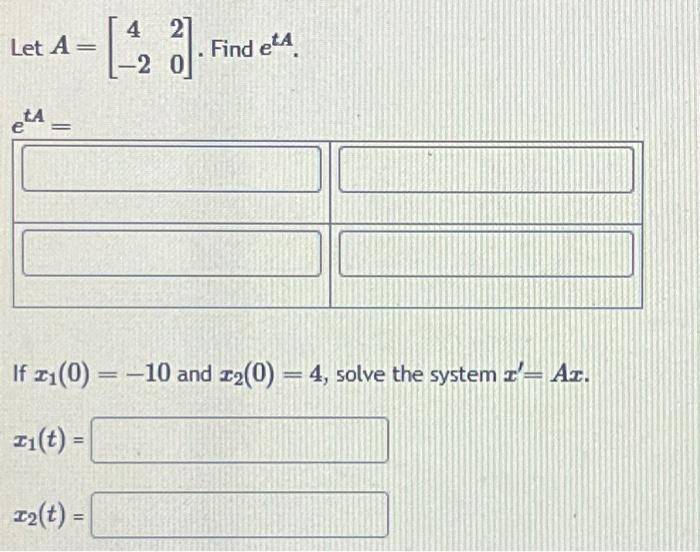 Solved Let A=[4−220]. Find etA. If x1(0)=−10 and x2(0)=4, | Chegg.com