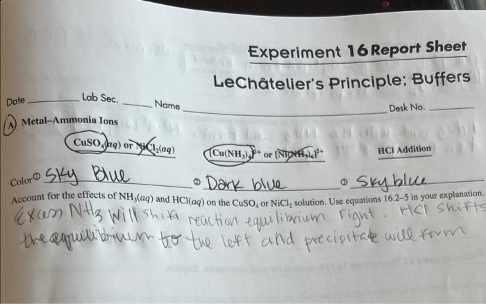 Solved Experiment 16 Report Sheet LeChâtelier's Principle; | Chegg.com