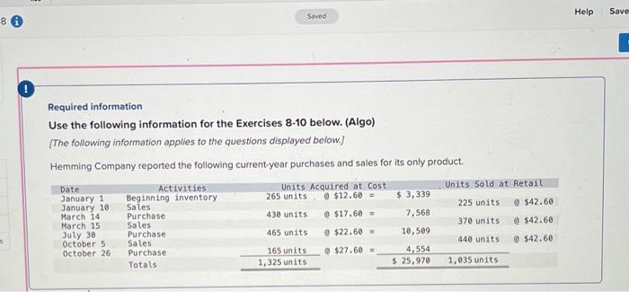 Solved Exercise 5-8 (Algo) Perpetual: Inventory costing | Chegg.com