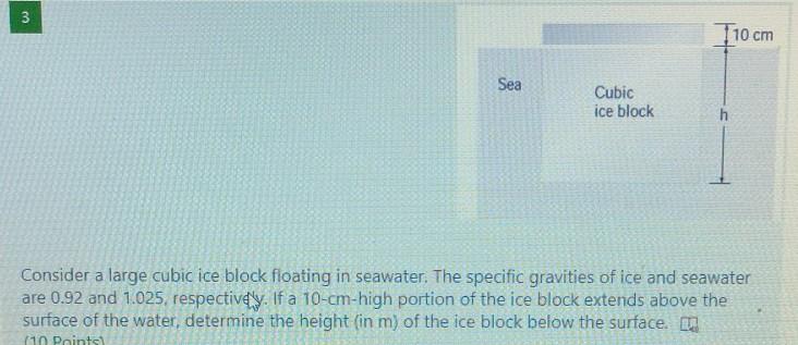 Solved 3 T10 cm Sea Cubic ice block h Consider a large cubic | Chegg.com