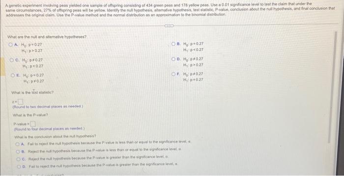 Solved genatbe experiment involving peas yielded ong sample | Chegg.com