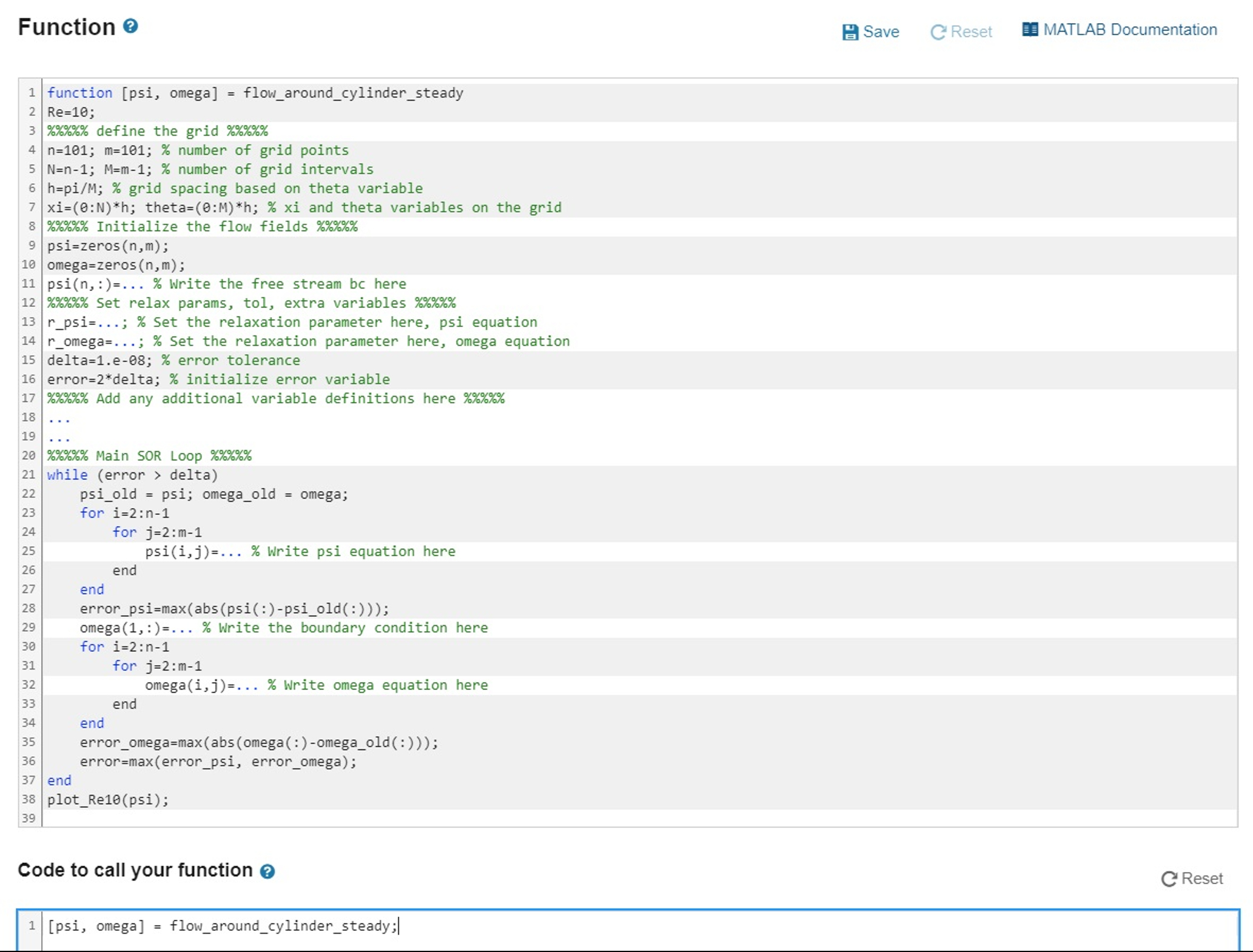 Steady Flow at Re = 10 ﻿Code to call your function | Chegg.com