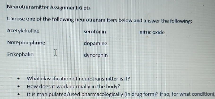 Solved Neurotransmitter Assignment-6 ﻿ptsChoose one of the | Chegg.com