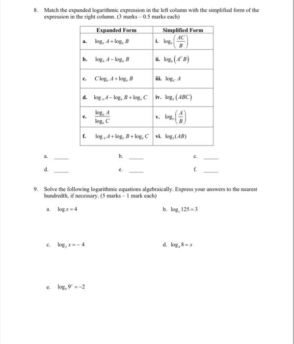 Solved 8. Match the expanded logarithmic expression in the | Chegg.com Solved 8. Match the expanded logarithmic expression in the | Chegg.com