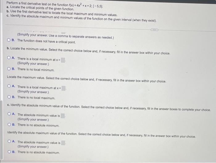 Solved Perform a first derivative test on the function | Chegg.com