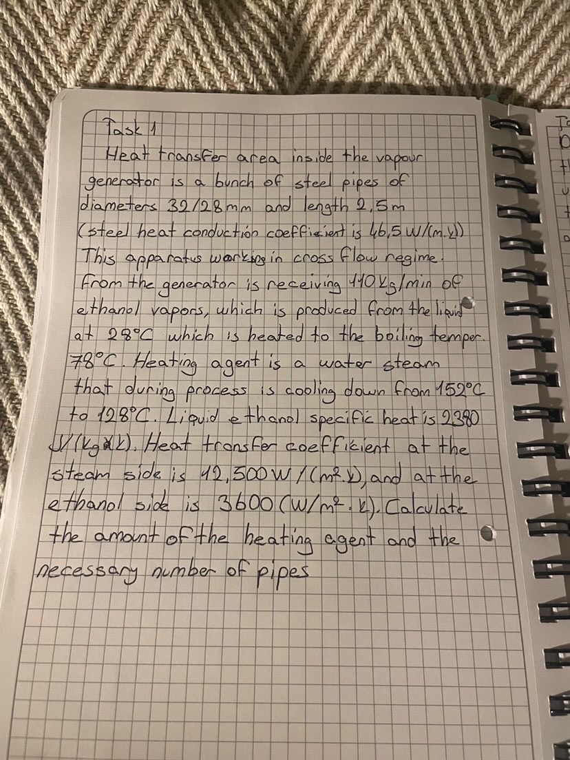 Solved Task 1Heat transfer area inside the vapour generator | Chegg.com