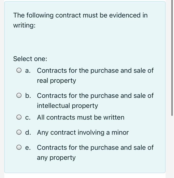 Solved The following contract must be evidenced in writing: | Chegg.com