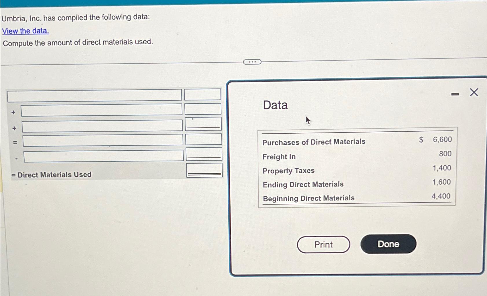 Solved Umbria, Inc. has compiled the following data:View the | Chegg.com
