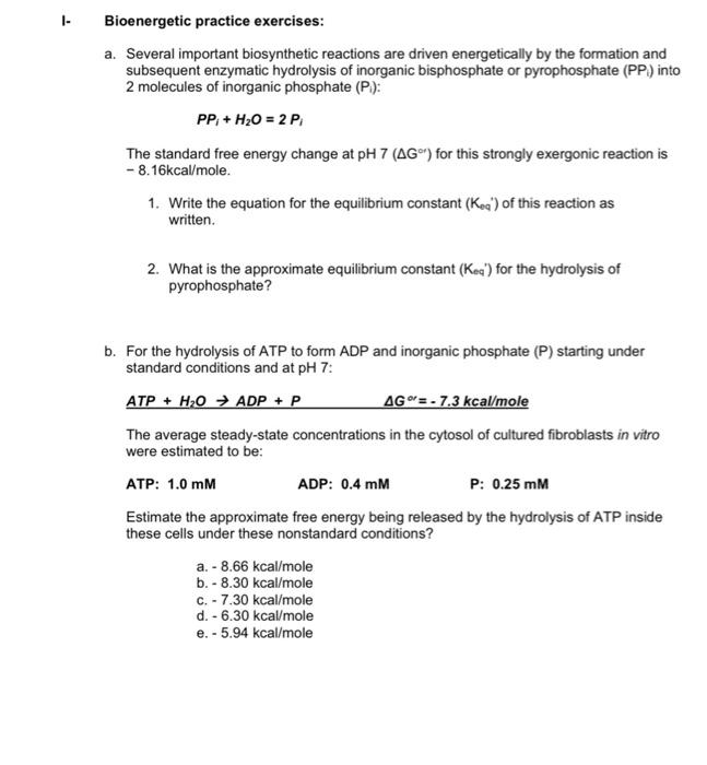 Solved Bioenergetic practice exercises: a. Several important | Chegg.com