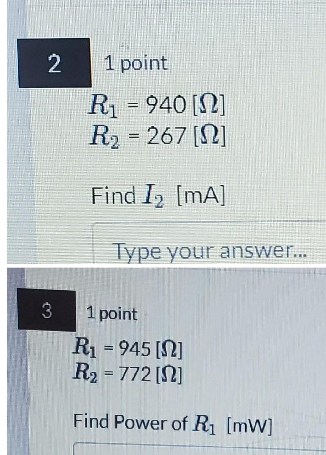Solved 1 point R1=771[Ω]R2=904[Ω] Find I1[ mA]1 point | Chegg.com