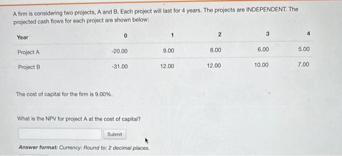 Solved A fim is considering two projects, A and B. Each | Chegg.com