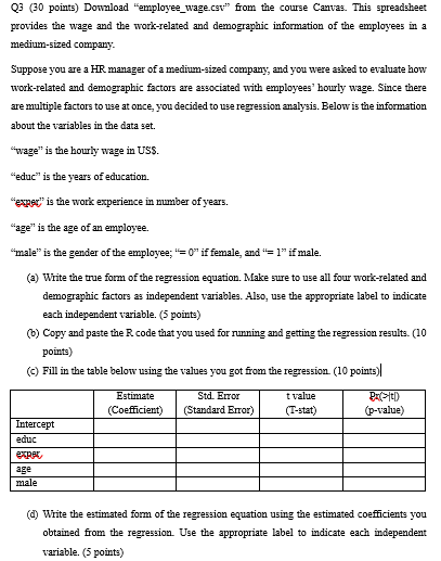Q3 (30 ﻿points) ﻿Download "employee_wage.csv" ﻿from | Chegg.com