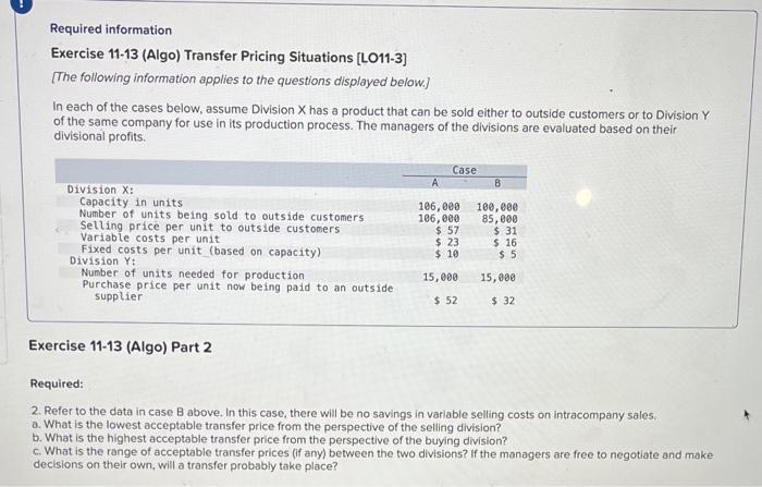 Solved Required information Exercise 11-13 (Algo) Transfer | Chegg.com