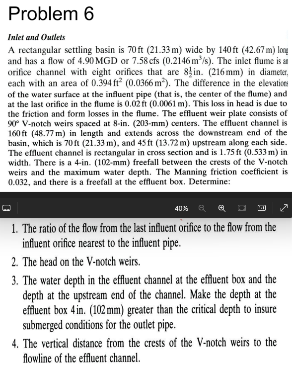 Solved Problem 6Inlet and OutletsA rectangular settling | Chegg.com