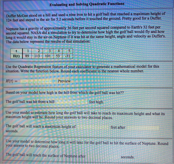 Solved Evaluating and Solving Quadratic Functions 1 Duffer | Chegg.com