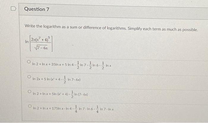 Solved Write the logarithm as a sum or difference of | Chegg.com