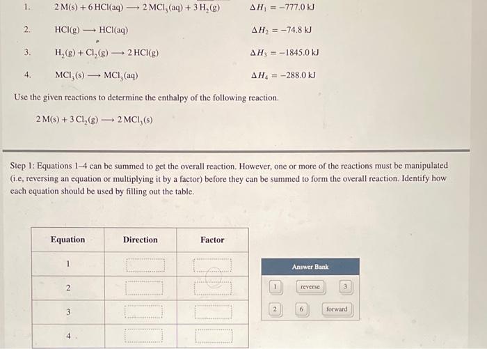 Solved 1. 2M(s)+6HCl(aq) 2MCl3(aq)+3H2( g)ΔH1=−777.0 kJ 2. | Chegg.com