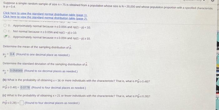 Solved Suppose a simple random sample of size n=75 is | Chegg.com