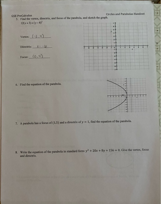 Solved Circles and Parabolas Handout GSE PreCalculus Name 3 | Chegg.com