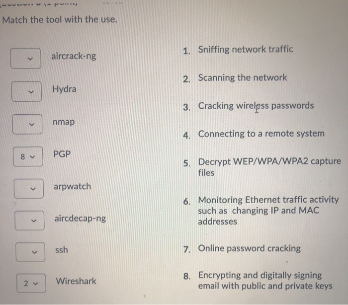 Solved Match the tool with the use. 1. Sniffing network | Chegg.com