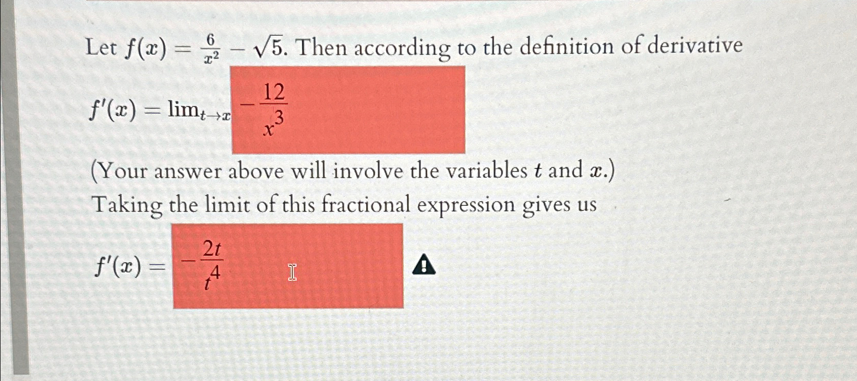 Solved Let f(x)=6x2-52. ﻿Then according to the definition of | Chegg.com