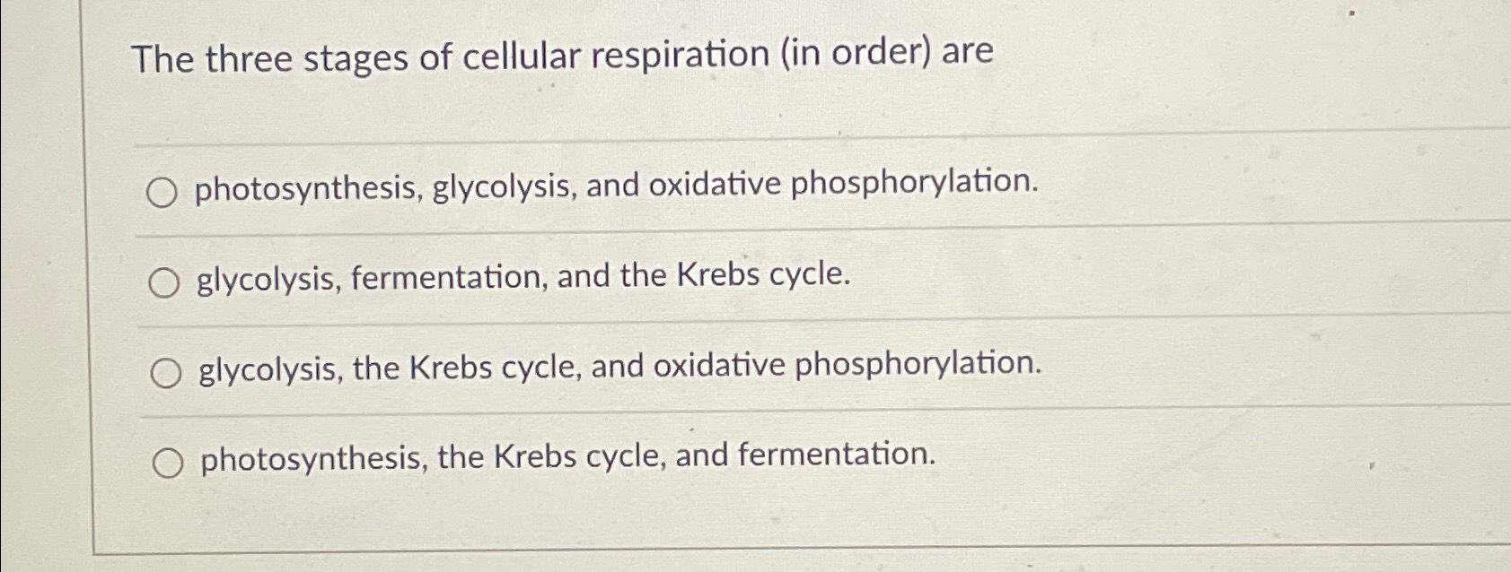 Solved The three stages of cellular respiration (in order) | Chegg.com