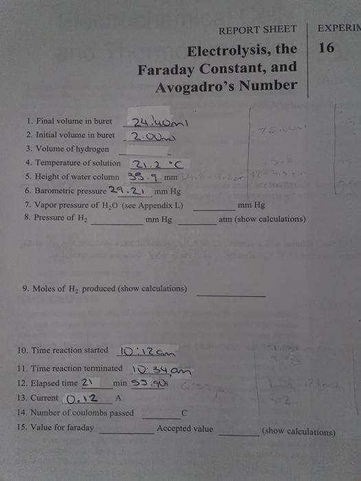 Solved REPORT SHEET EXPERIMENT 16: Faraday Constant, and | Chegg.com