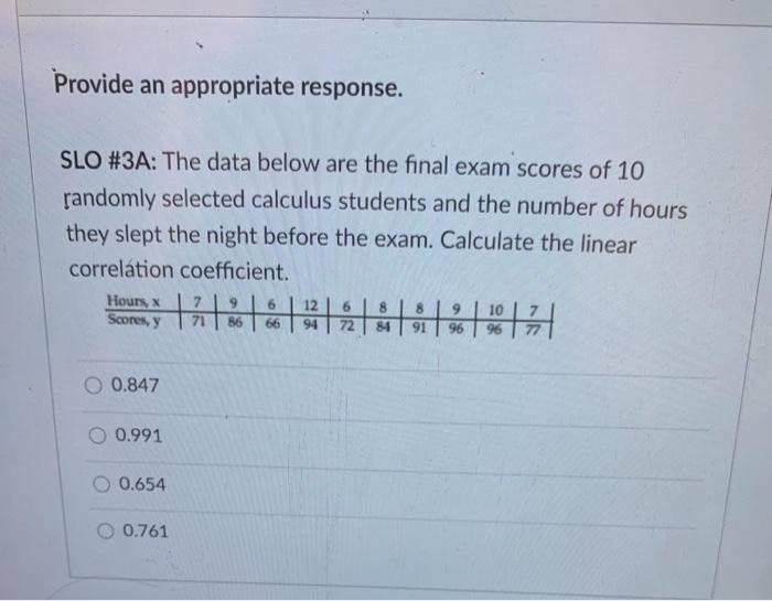 Solved Provide an appropriate response. SLO #3A: The data | Chegg.com