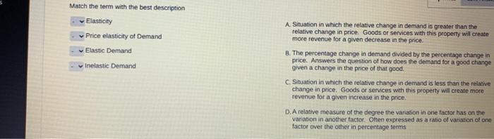 Solved Match the teem with the best description Elasticity | Chegg.com