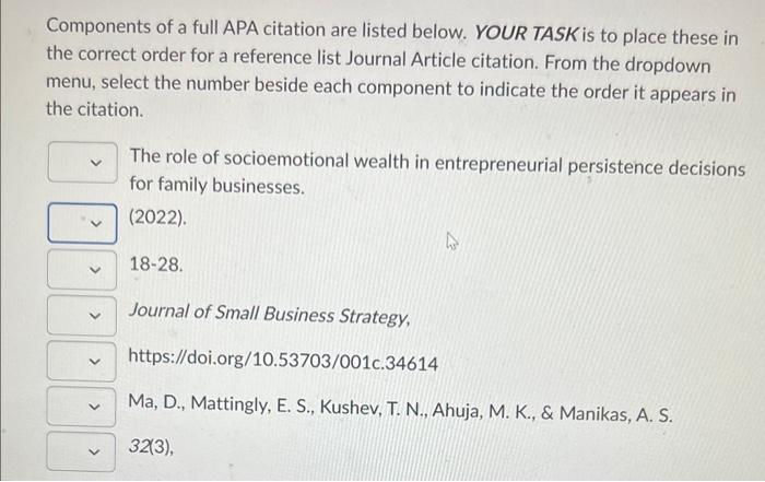 Components of a full APA citation are listed below. | Chegg.com