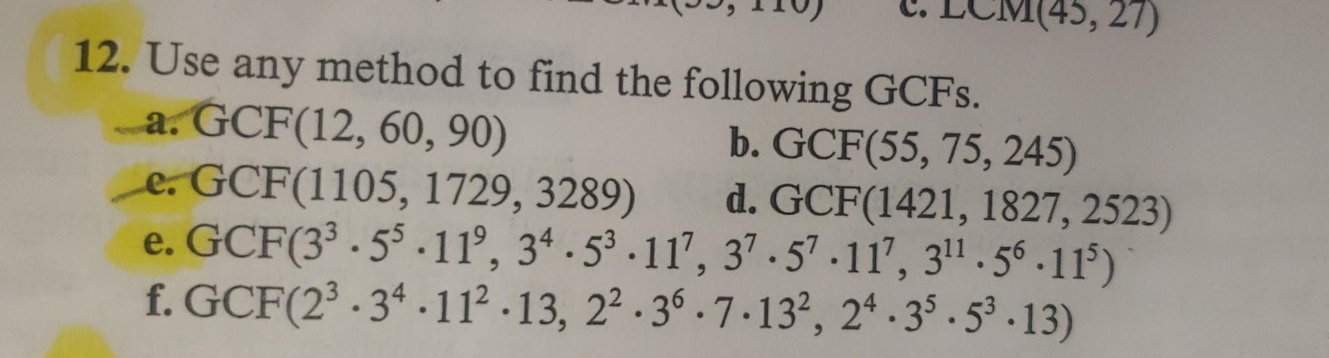 Solved 12. Use any method to find the following GCFs. a. | Chegg.com