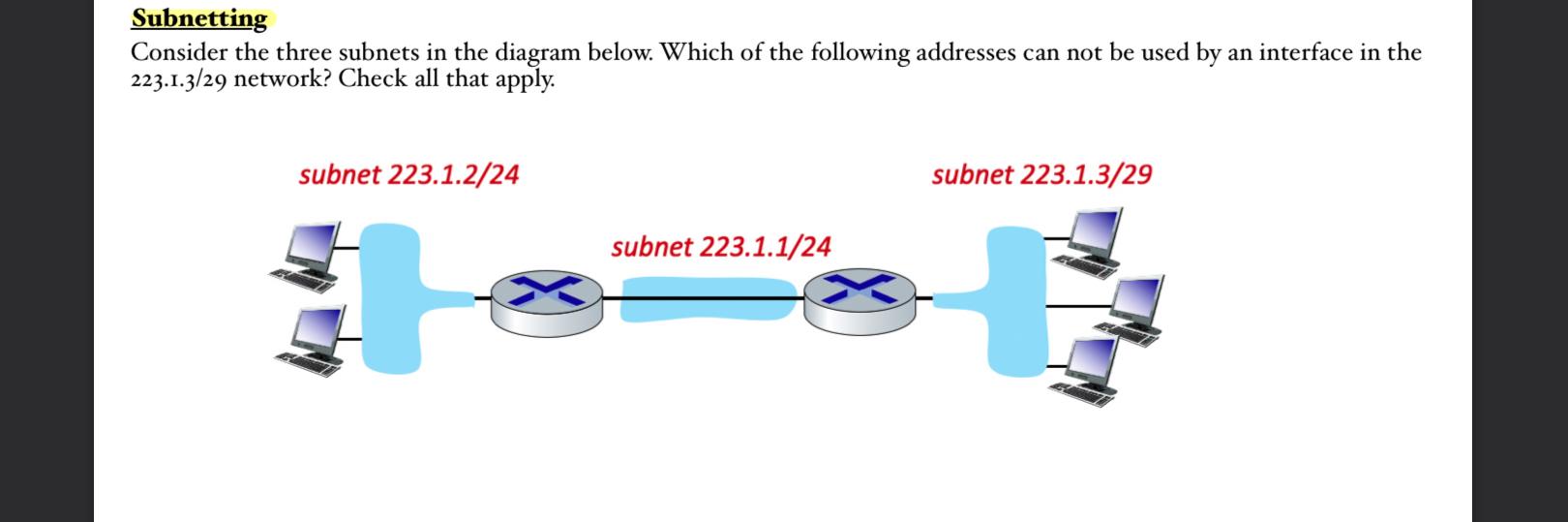 Solved SubnettingConsider the three subnets in the diagram | Chegg.com
