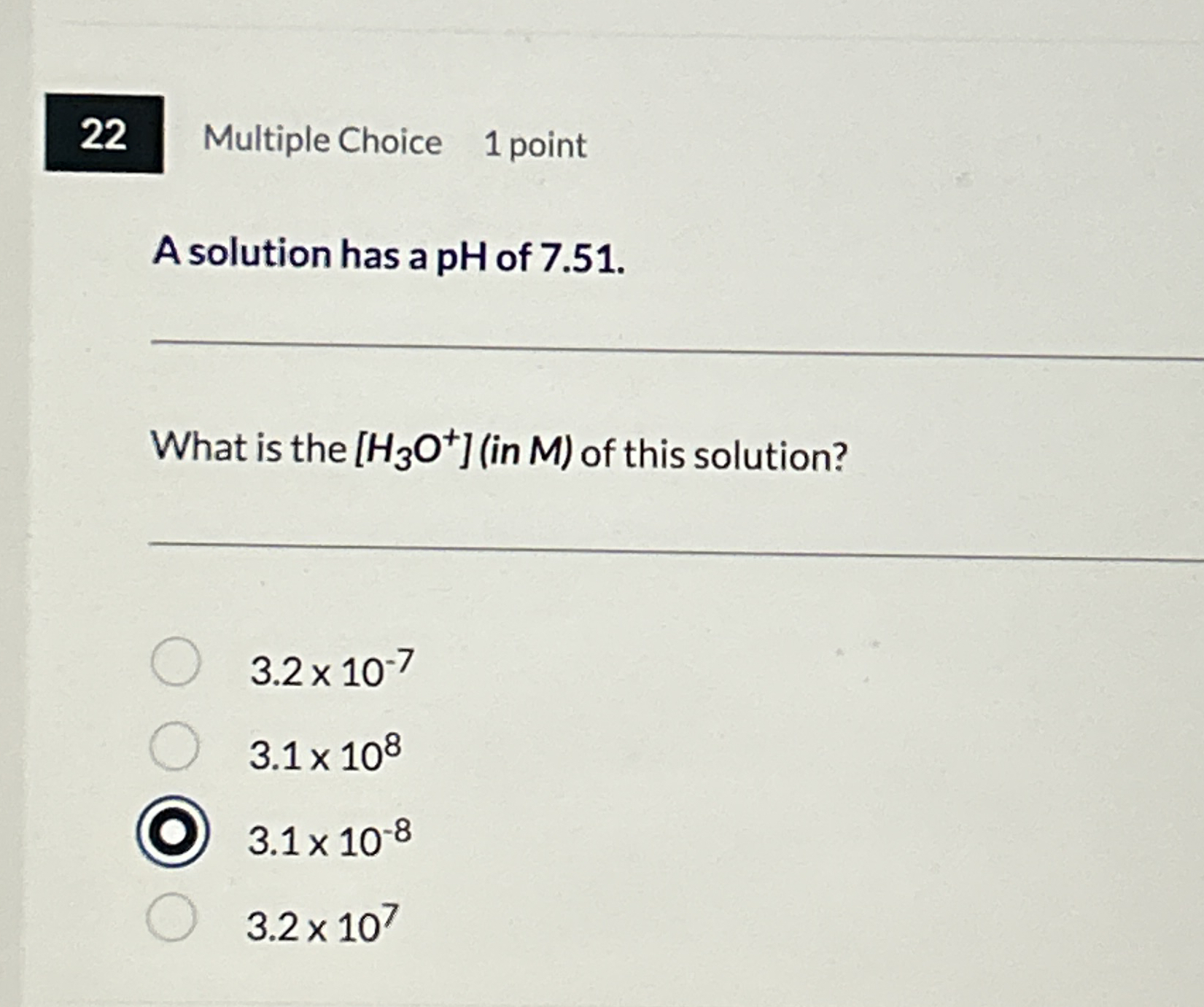 Solved 22Multiple Choice1 ﻿pointA solution has a pH of | Chegg.com