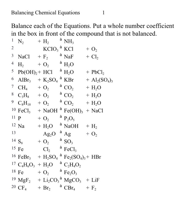 Solved Balancing Chemical Equations + Balance each of the | Chegg.com