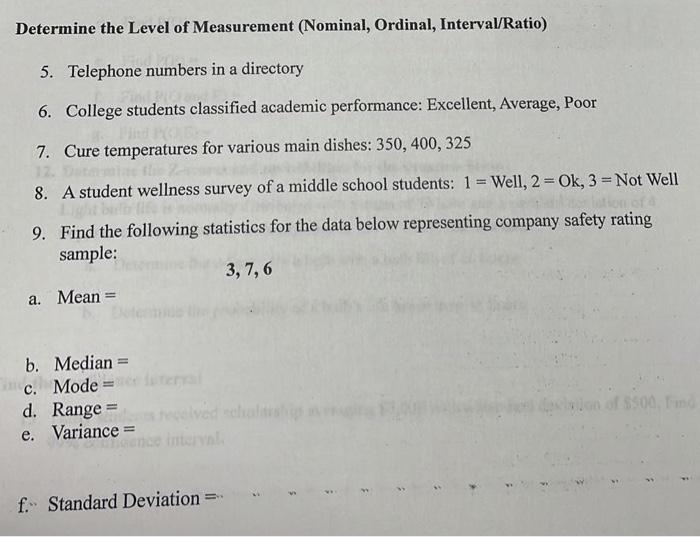 Solved Determine the Level of Measurement (Nominal, Ordinal, | Chegg.com