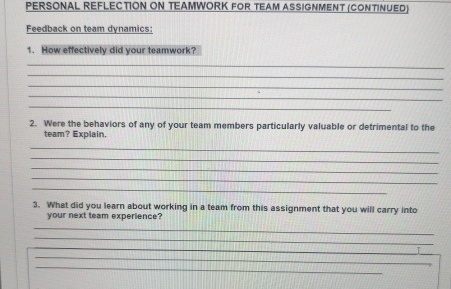 Solved PERSONAL REFLECTION ON TEAMWORK FOR TEAM ASSIGMMENT | Chegg.com