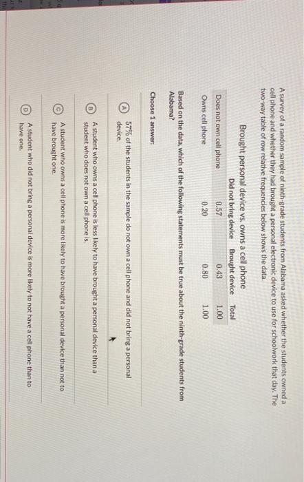 Solved A survey of a random sample of ninth-grade students | Chegg.com