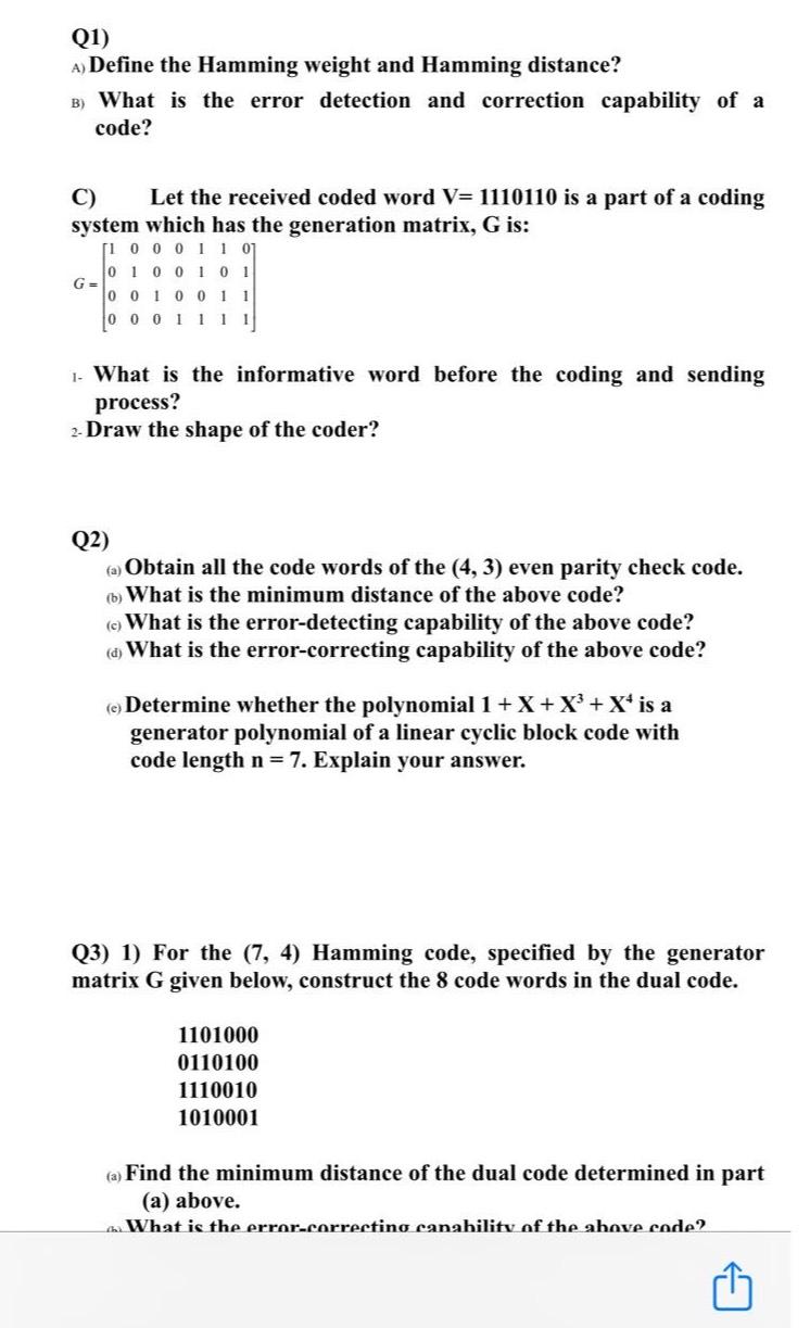 Q1)A) ﻿Define the Hamming weight and Hamming | Chegg.com