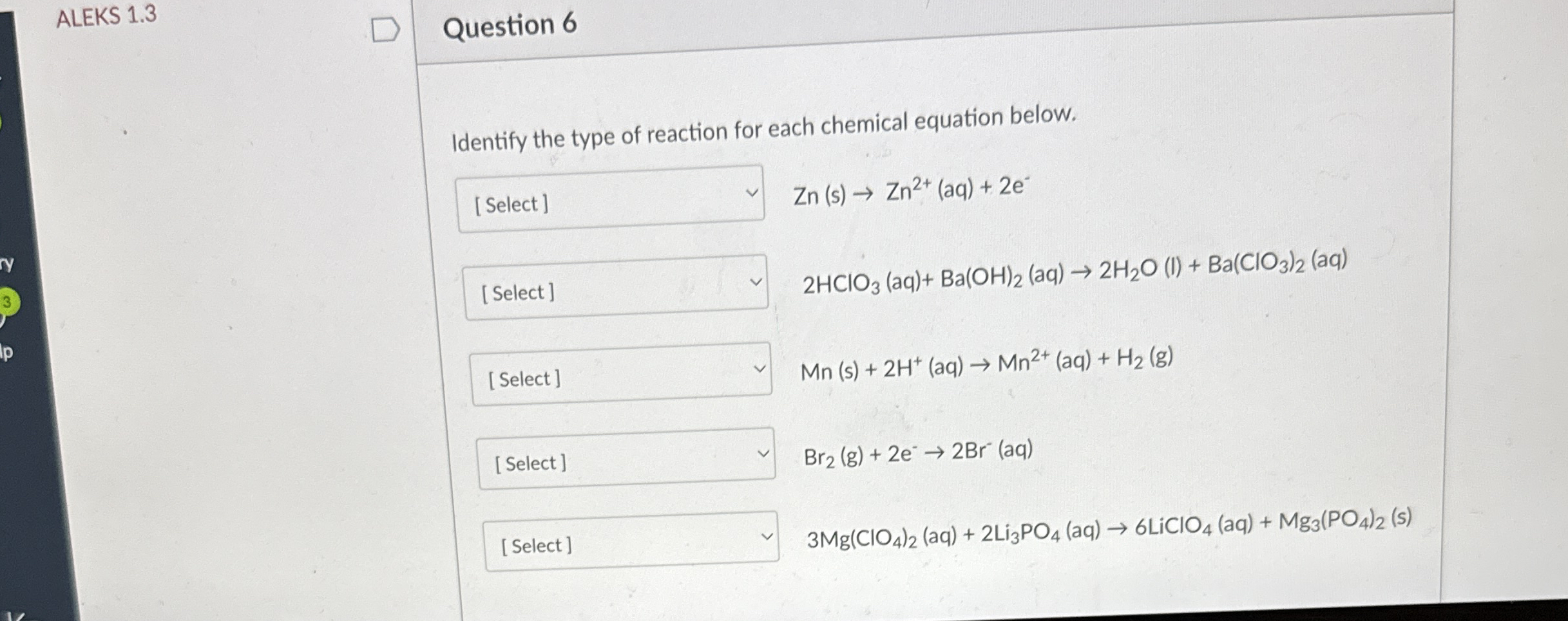 Solved ALEKS 1.3Question 6Identify the type of reaction for | Chegg.com