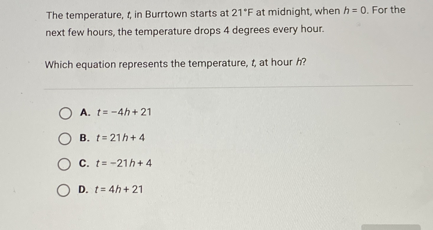 Solved The temperature, t, ﻿in Burrtown starts at 21°F ﻿at | Chegg.com