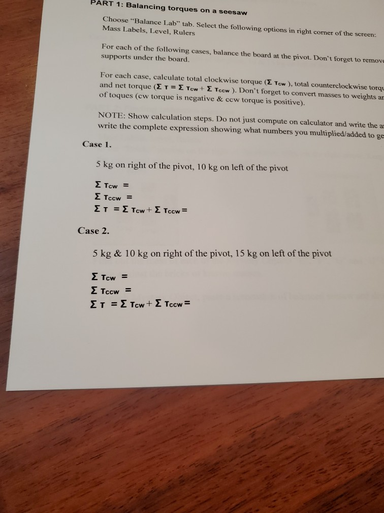 Solved PART 1: Balancing torques on a seesaw Choose "Balance | Chegg.com