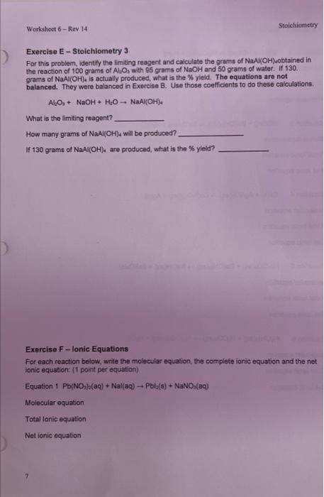 Solved Exercise E-Stoichiometry 3 For this problem, identify | Chegg.com