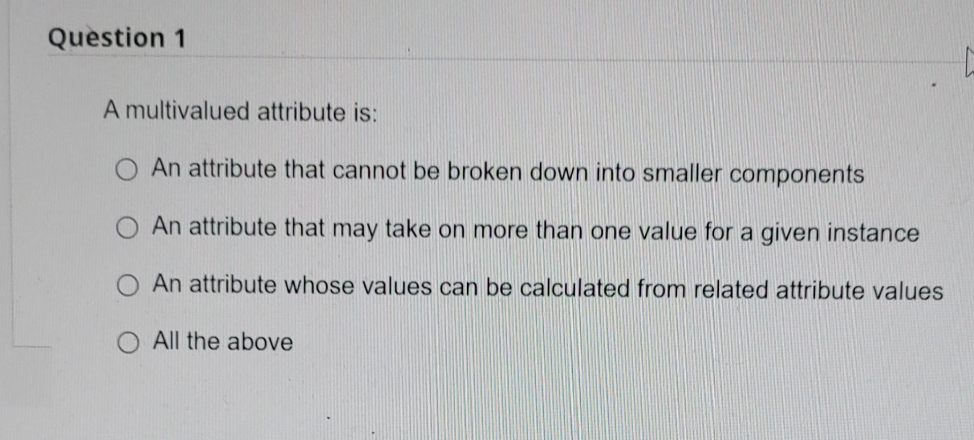 Solved Question 1 A Multivalued Attribute Is O An Attribute 0790